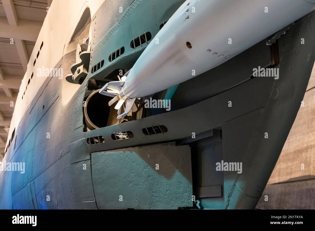 Chicago, IL, USA - February 6, 2023: Captured German submarine U-505 Unterseeboot (U-Boat) that ...
