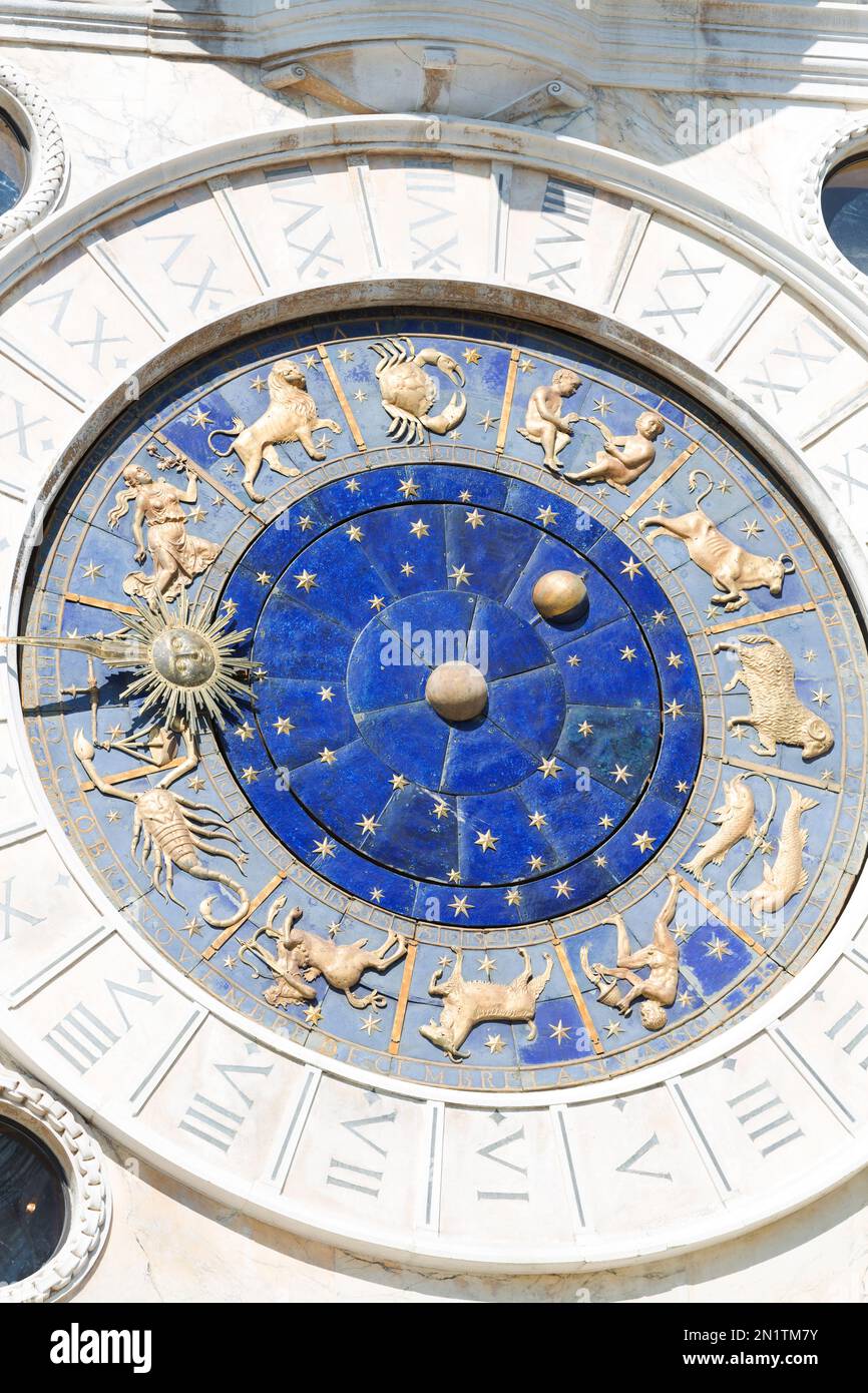 Italy, Venice, closeup of the astrological clock face in St.Mark's ...