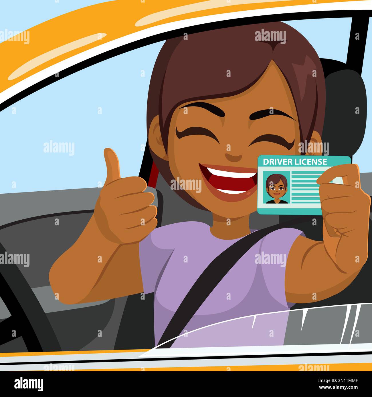 Smiling teenager girl holding up driving license on her first brand new ...