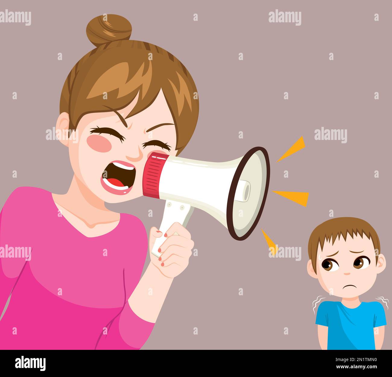 Angry mom yelling with megaphone little sad son kid shaking Stock Photo - Alamy