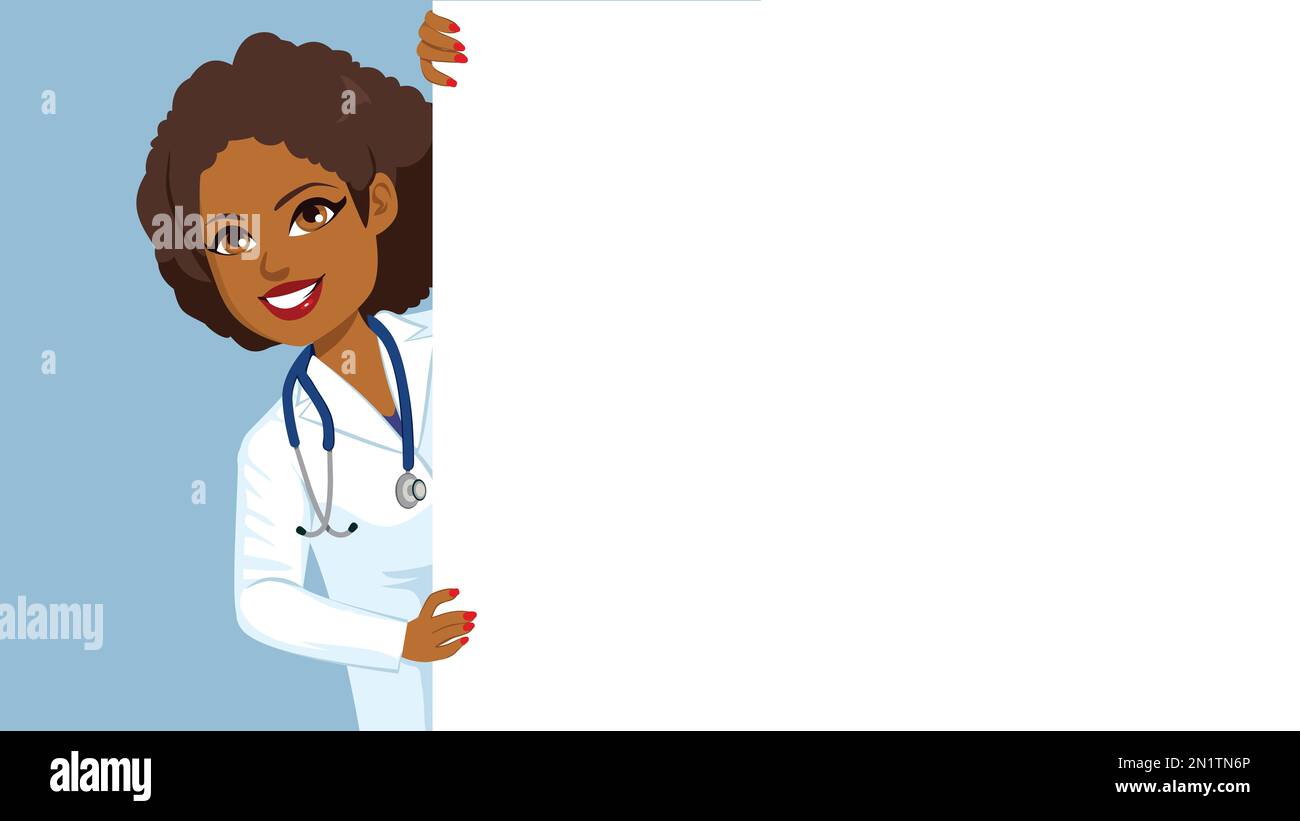 Beautiful happy professional female doctor peeking out of a blank ...