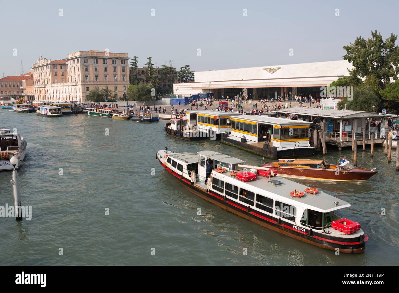 Italy, Venice, water taxi near the train station on the Grande Canal ...