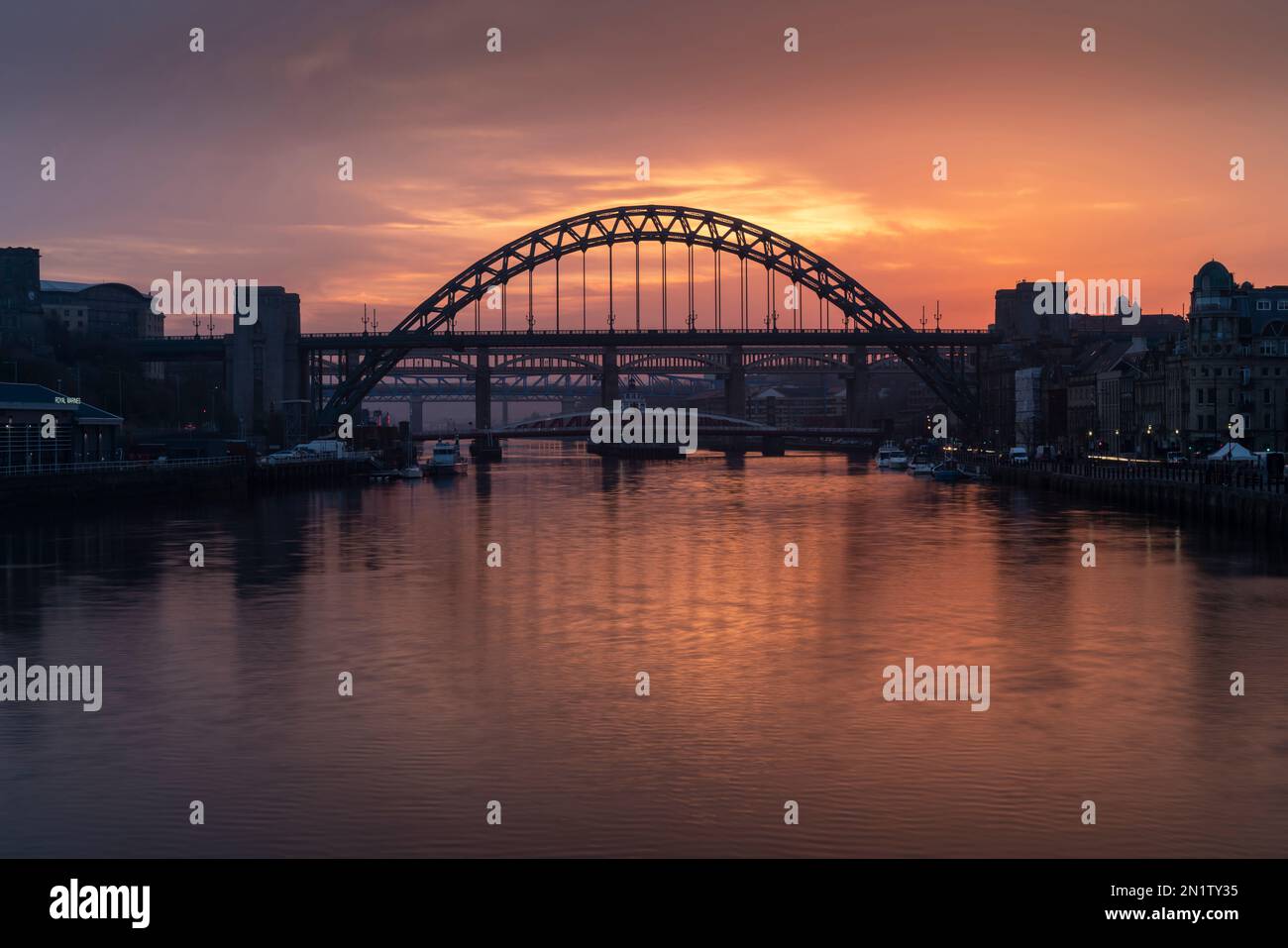 Atmospheric sunset and four bridges across the Tyne, the Tyne Bridge ...