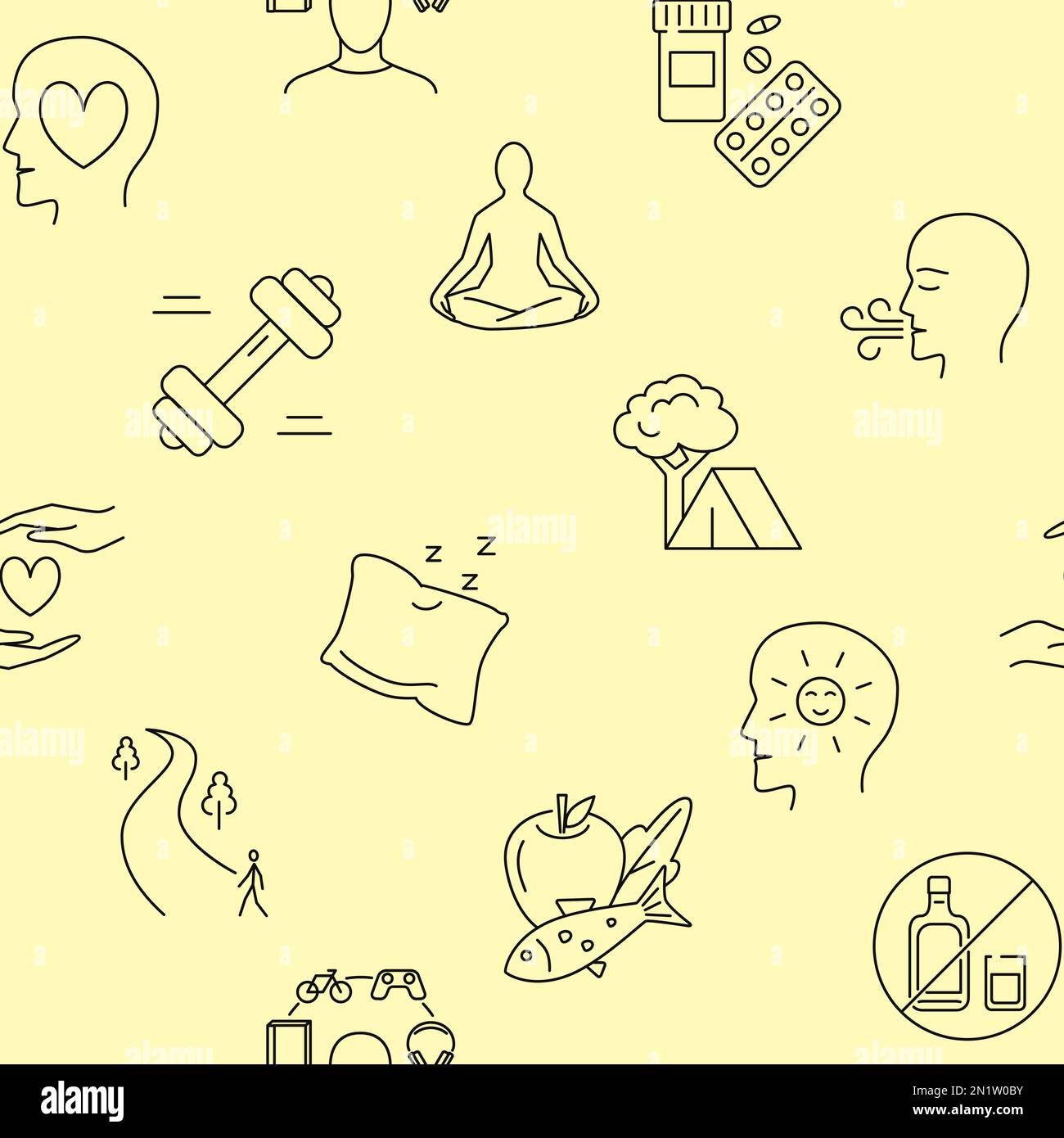 Healthy lifestyle and stress relief seamless pattern in colored line ...