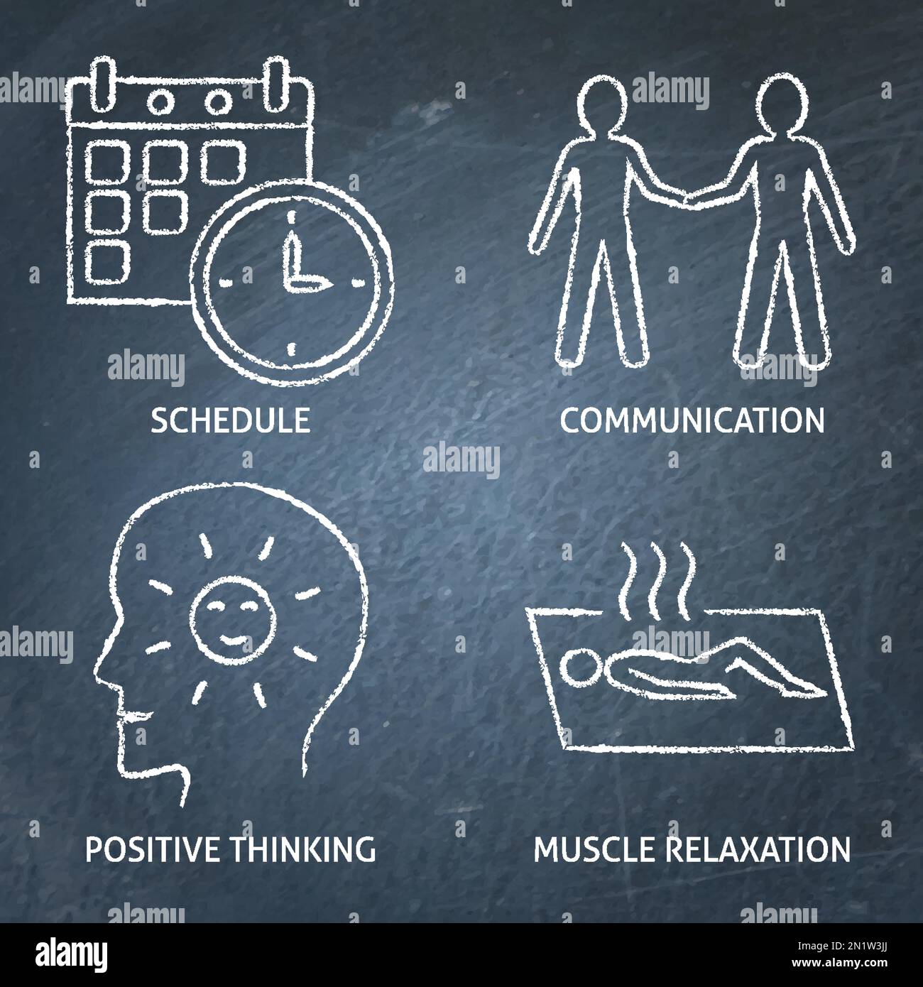 Stress management icon set on chalkboard. Good mental health. Vector ...
