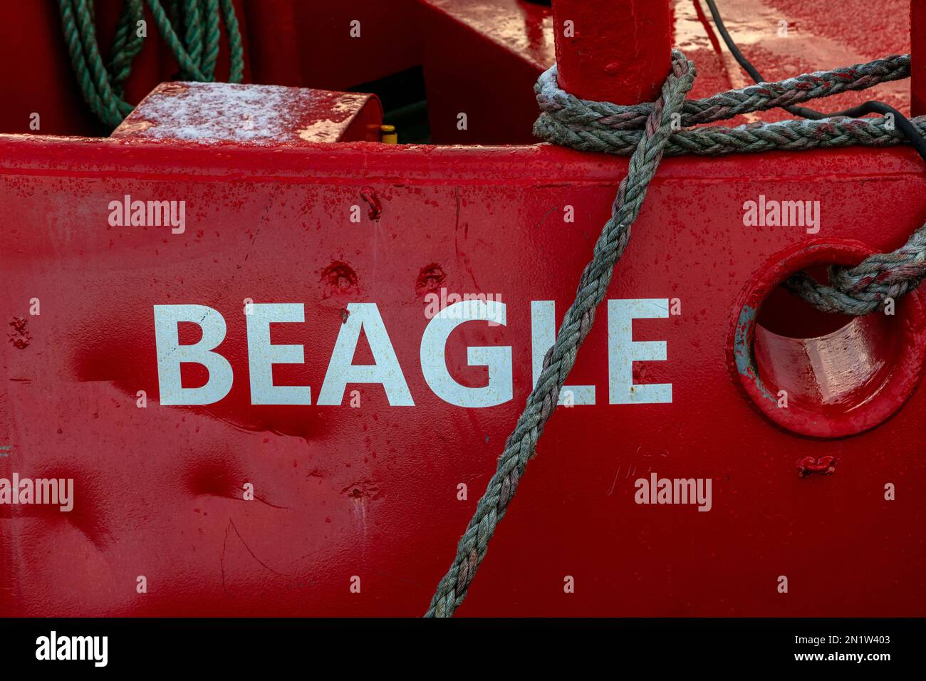Vessel name and hull details of veteran tug boat Beagle moored in the ...