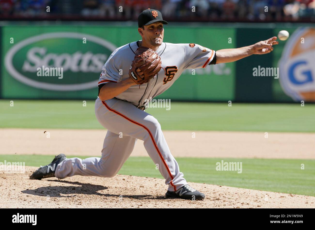 San Francisco Giants relief pitcher Javier Lopez throws during a baseball game against the Texas ...