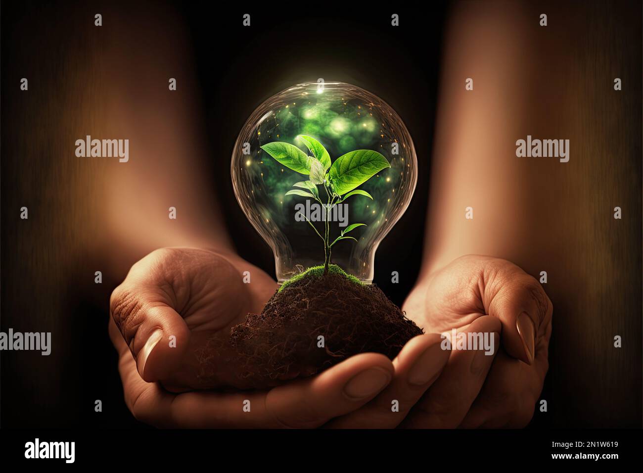 human hand is grasping a light bulb with a young plant inside, alluding ...