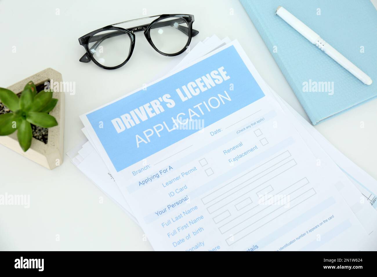 Driver's license application form with stationery, glasses and plant on white table Stock Photo ...