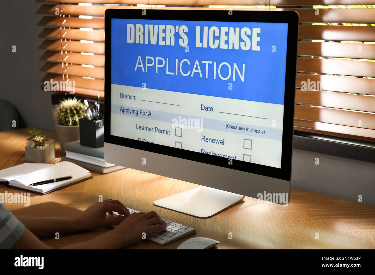Woman using computer to fill driver's license application form at table in office, closeup Stock ...