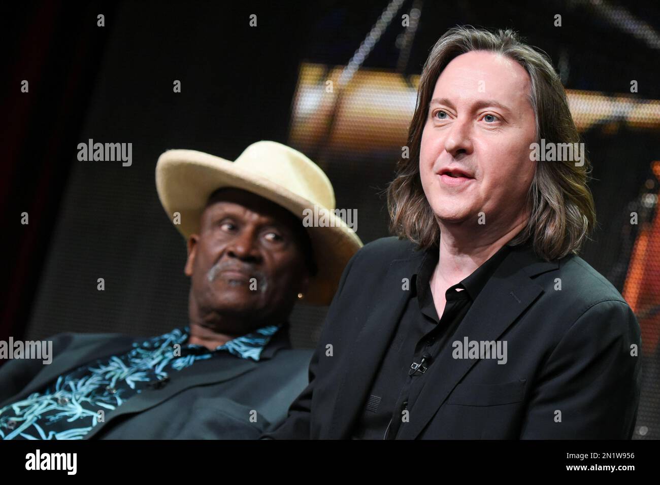 Musician Taj Mahal, left, and Filmmaker Bernard MacMahon speak onstage ...