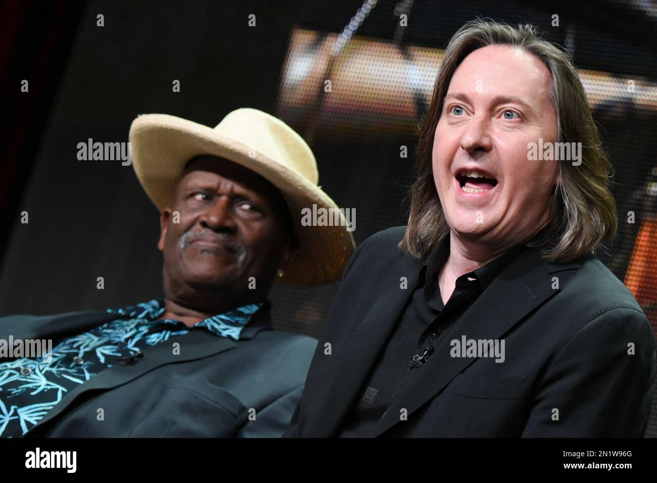 Musician Taj Mahal, left, and Filmmaker Bernard MacMahon speak onstage ...