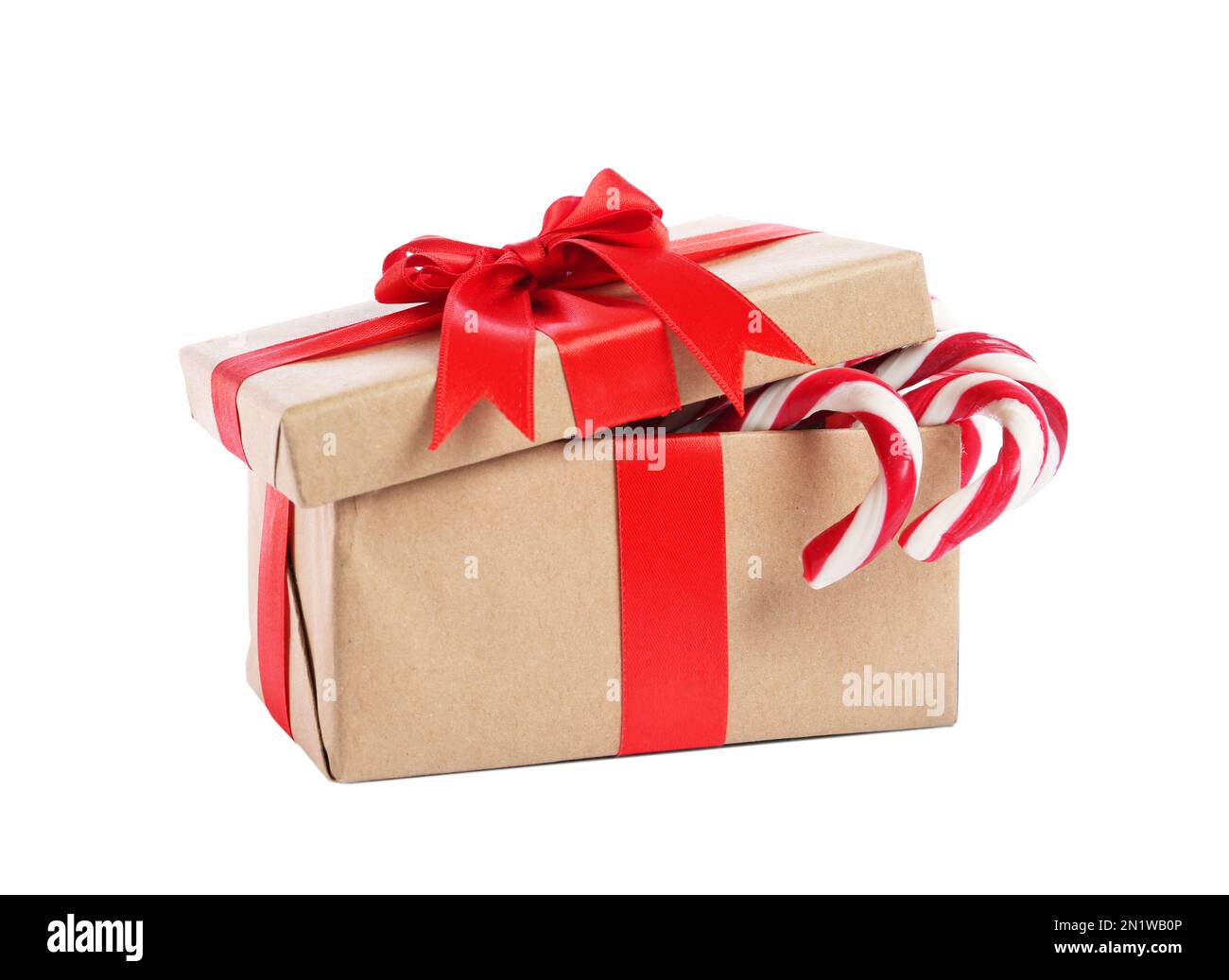 Christmas gift box with candy canes on white background Stock Photo - Alamy