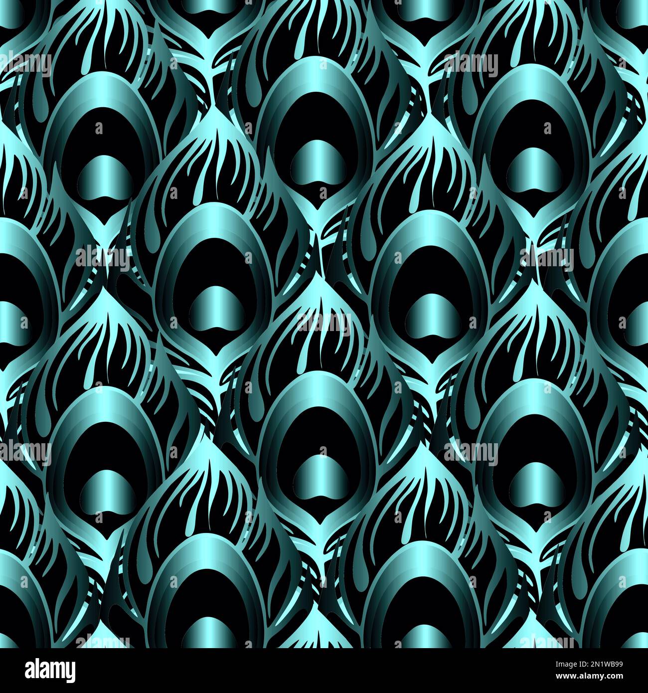 seamless symmetrical pattern of peacock feathers in black and blue ...