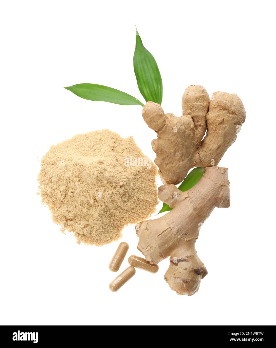 Dry, fresh and capsuled ginger isolated on white, top view Stock Photo ...