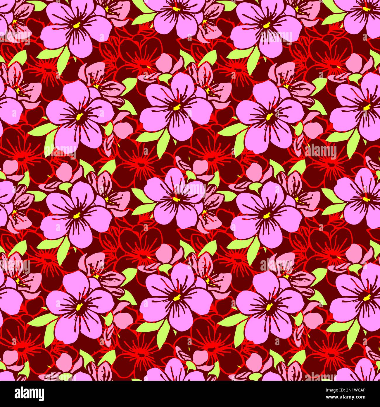 seamless pattern of pink silhouettes and red contours of flowers on a ...
