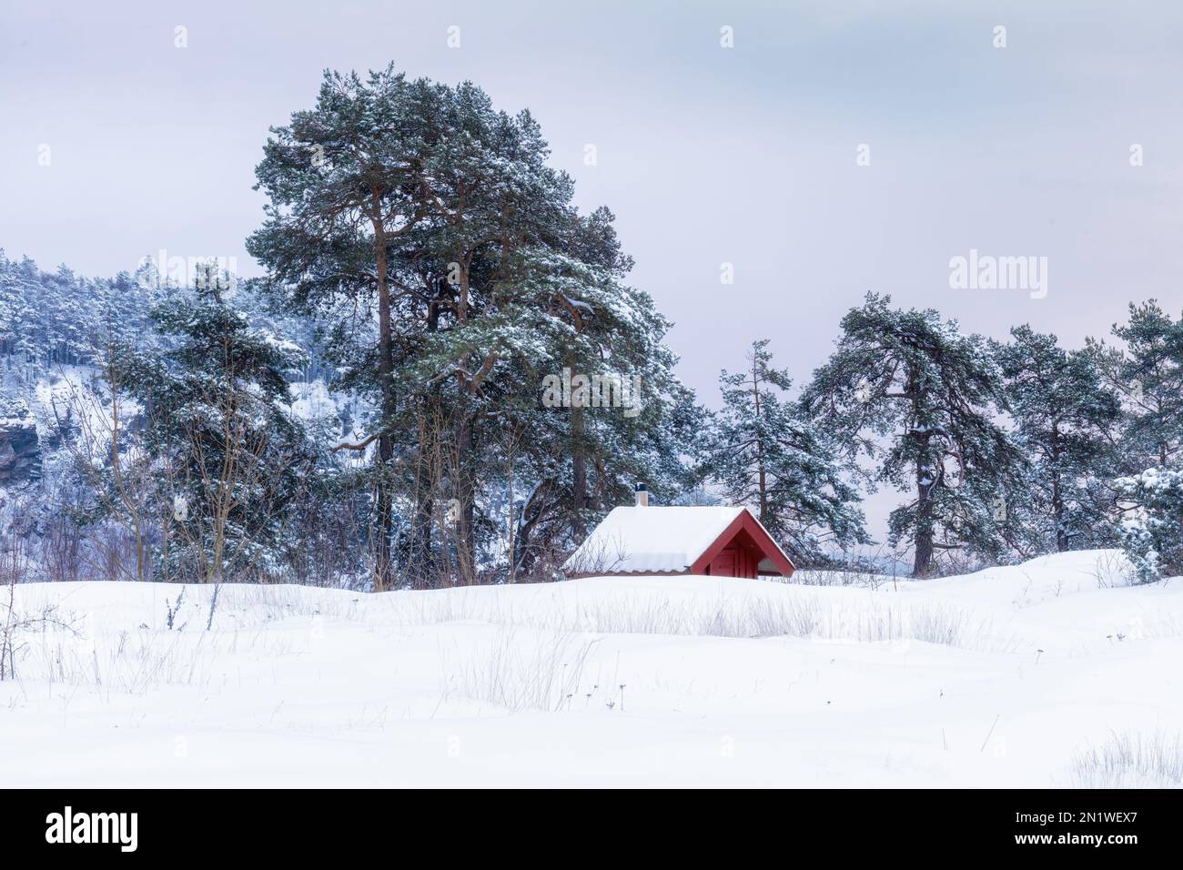 Fantastic winter day landscape with wooden little red house covered ...