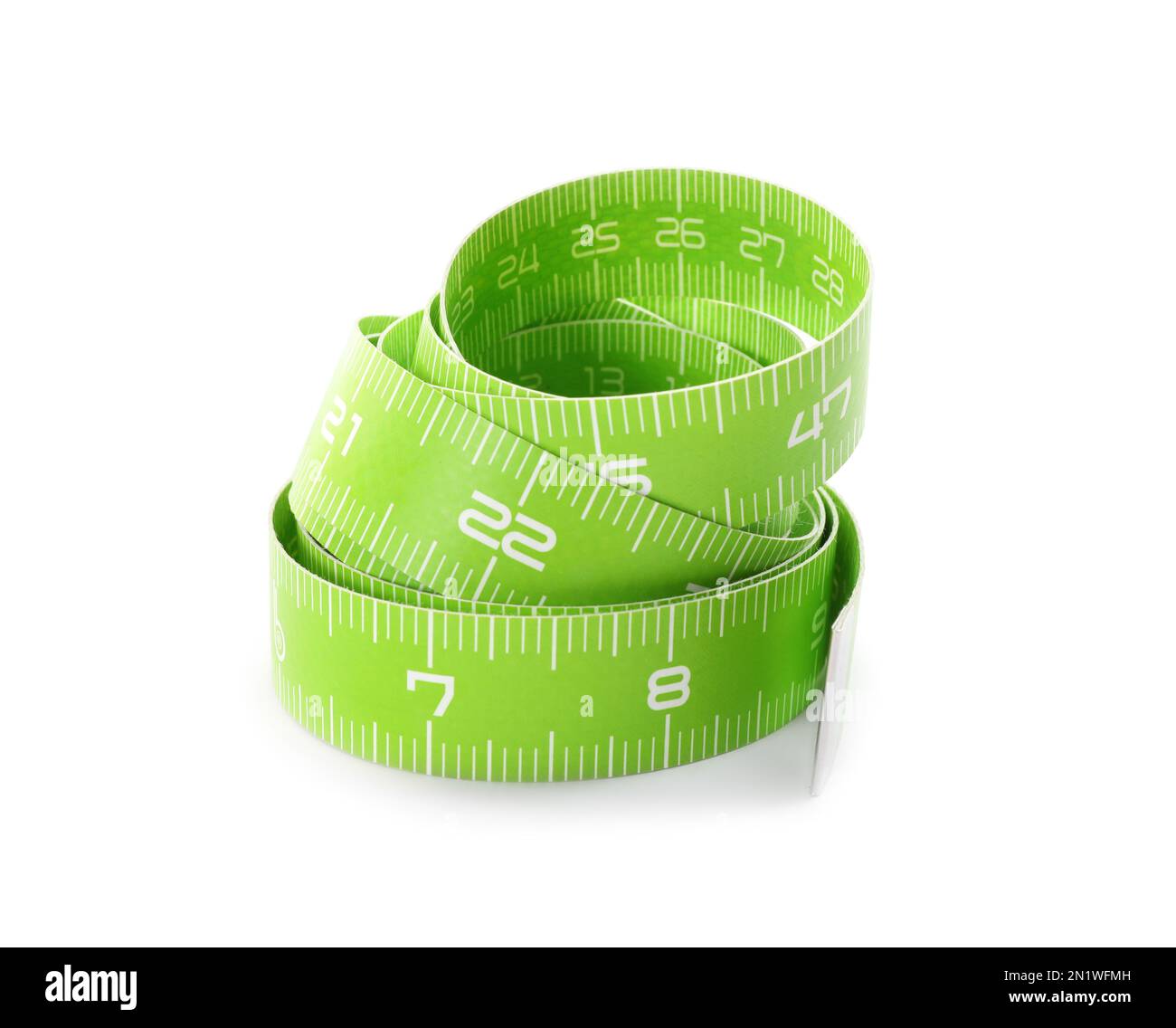 Long green measuring tape isolated on white Stock Photo - Alamy
