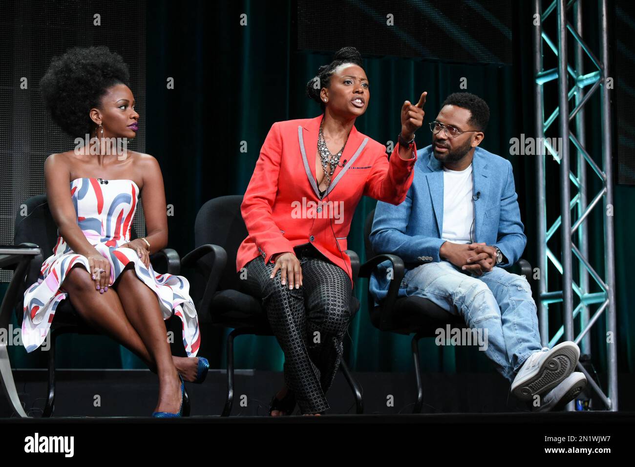 Actors Teyonah Parris, from left, Erica Ash and Mike Epps speak onstage ...