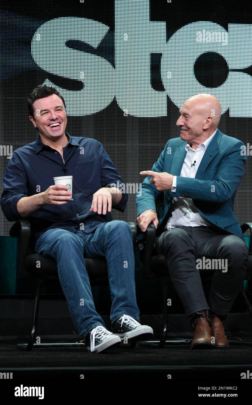 Executive producer Seth MacFarlane, left, and actor Patrick Stewart ...