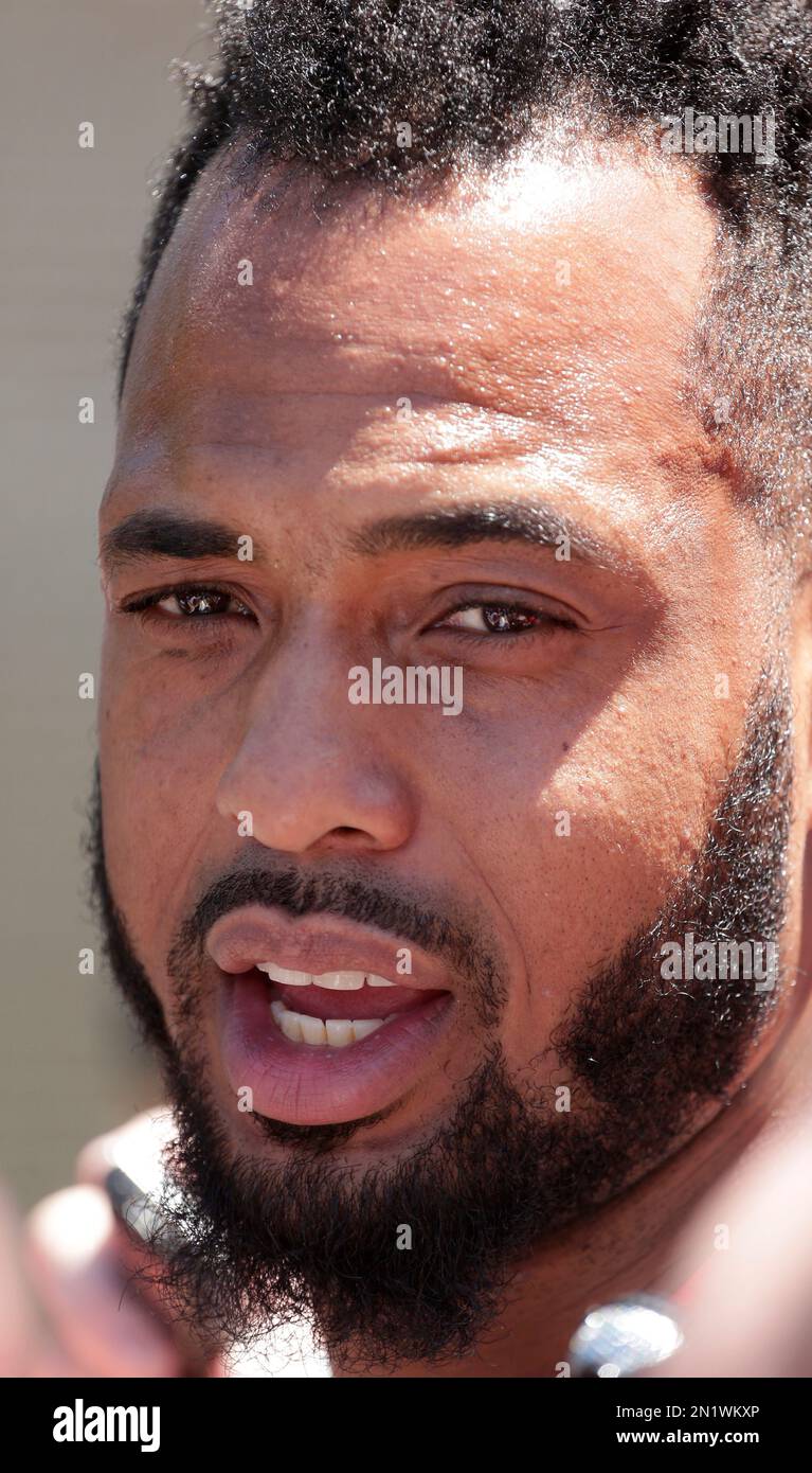 Kansas City Chiefs inside linebacker Derrick Johnson talks to the media ...