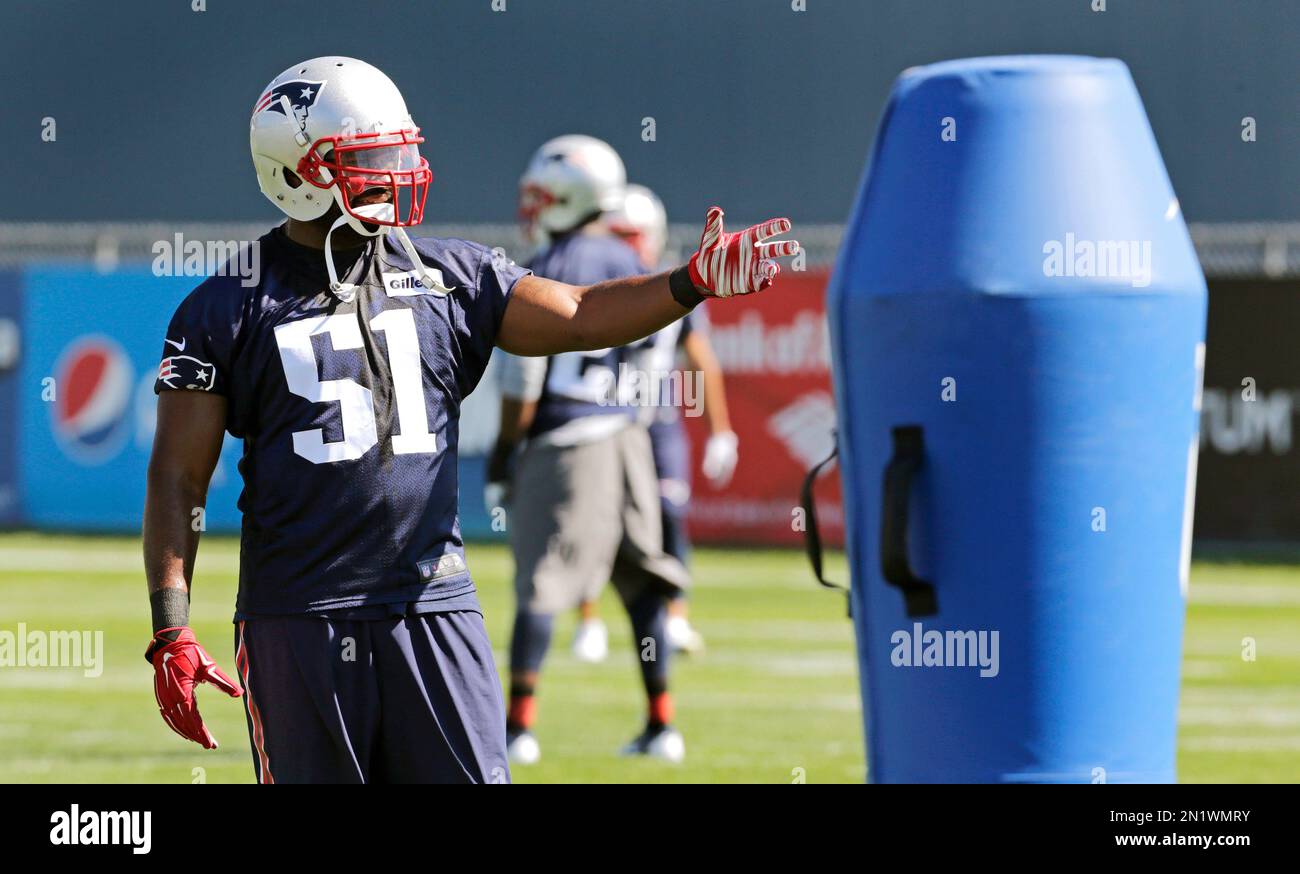 New England Patriots middle linebacker Jerod Mayo gestures during a ...