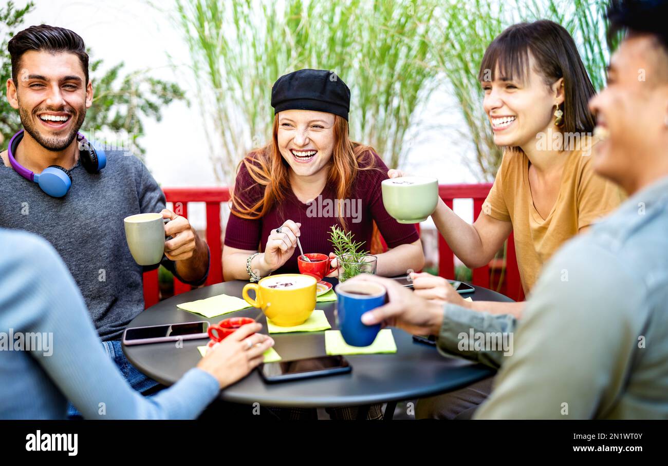 Diverse people group drinking latte at coffee bar garden - Happy ...