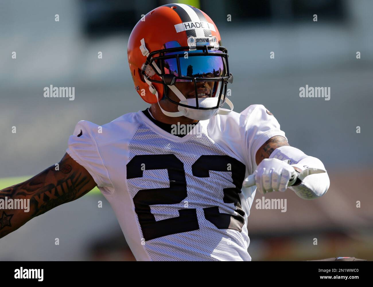 Cleveland Browns cornerback Joe Haden stretches during practice at the ...