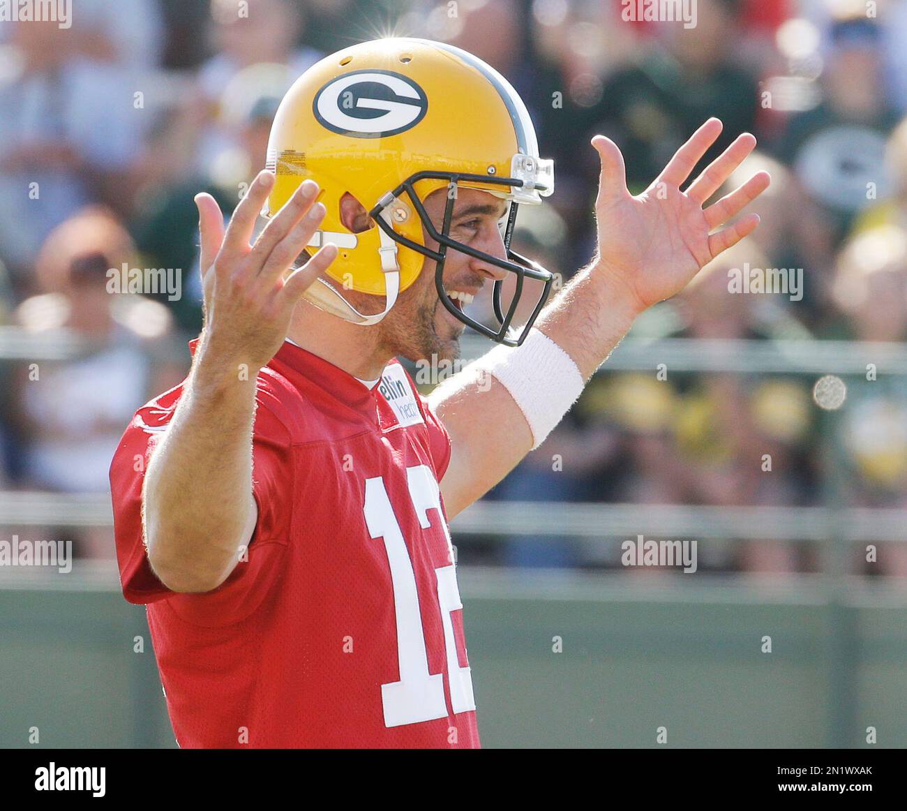 Green Bay Packers’ Aaron Rodgers jokes around during NFL football ...