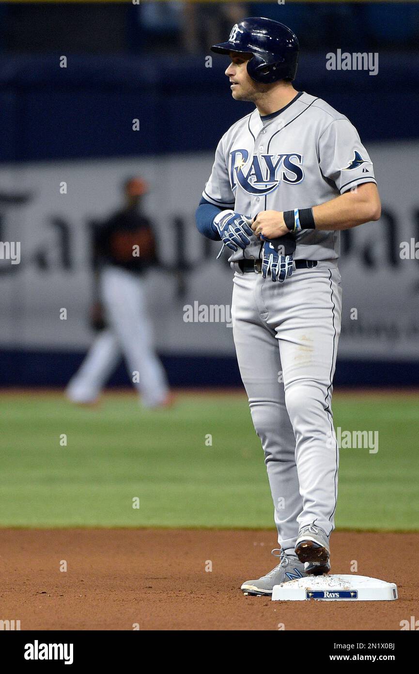 Tampa Bay Rays' Evan Longoria stands on second base after hitting a ...