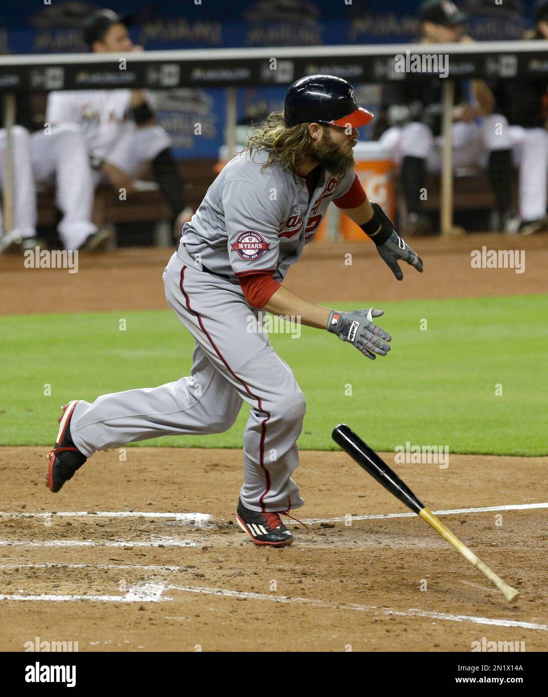 Washington Nationals, Jayson Werth runs on a base hit against the Miami ...