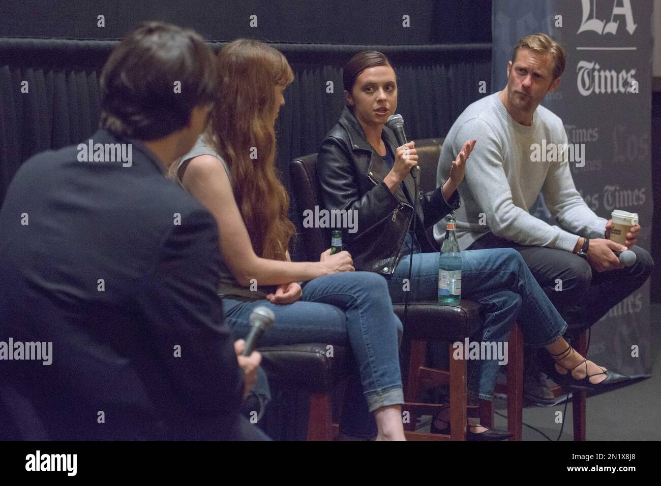 Moderator Mark Olsen, from left, Director Marielle Heller, Bel Powley ...