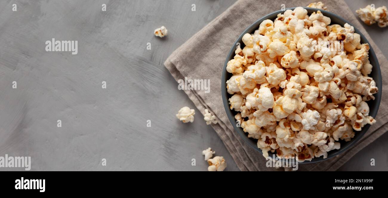 Homemade Kettle Corn Popcorn with Salt in a Bowl, top view. Flat lay ...