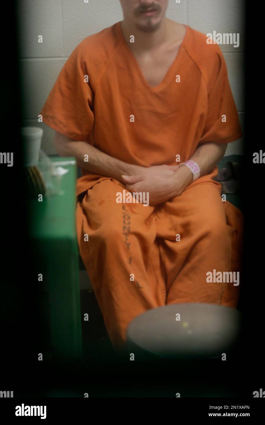 An inmate sits in a single cell in an acute unit of the mental heath ...