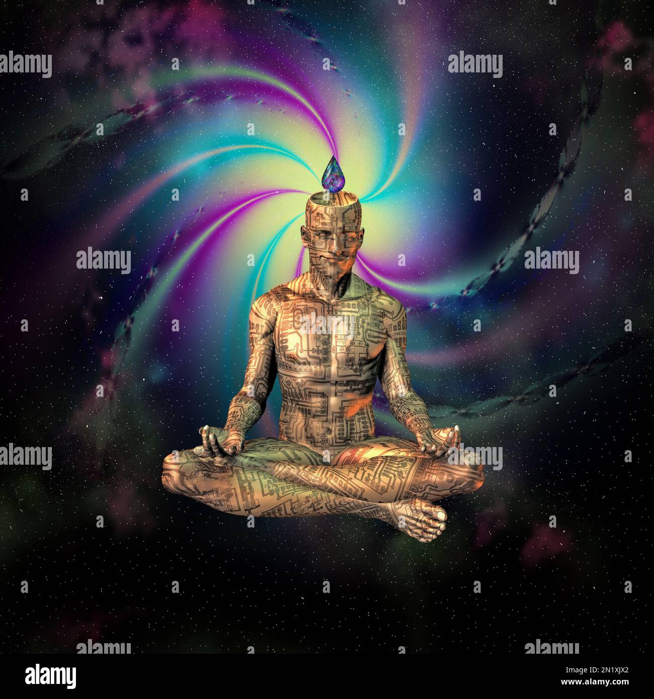 Sci fi art. Cyborg finds soul in vivid Universe Stock Photo - Alamy