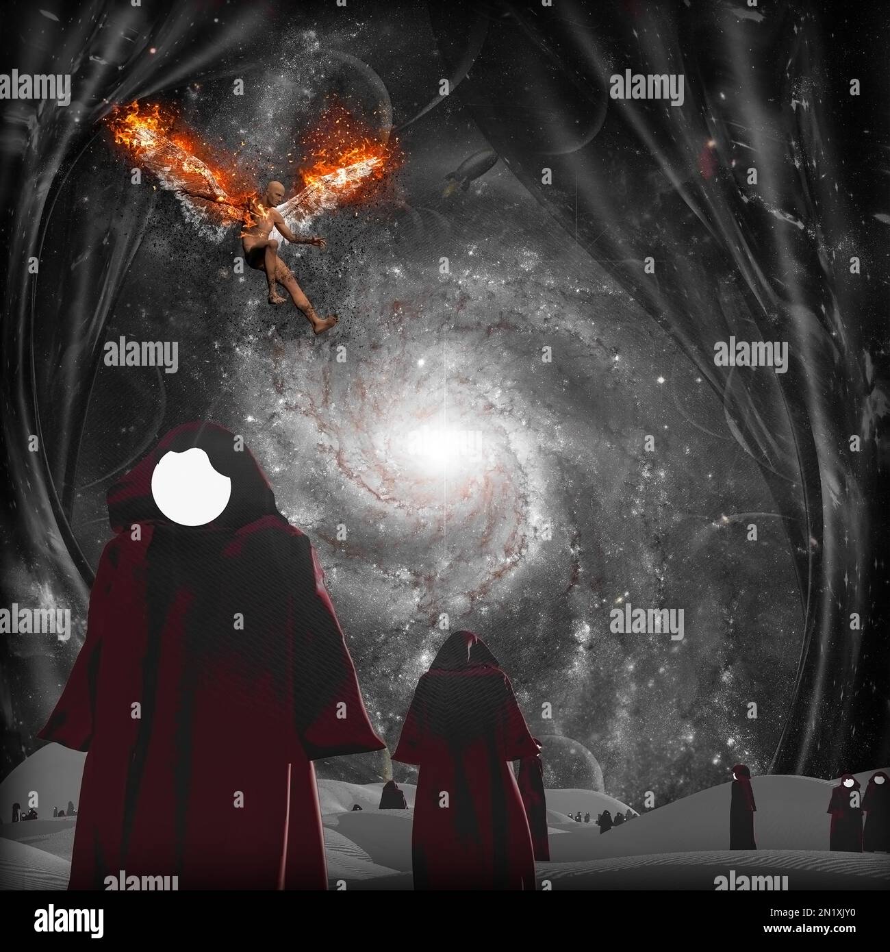 Faceless entities in red cloaks and a fallen angel Stock Photo - Alamy