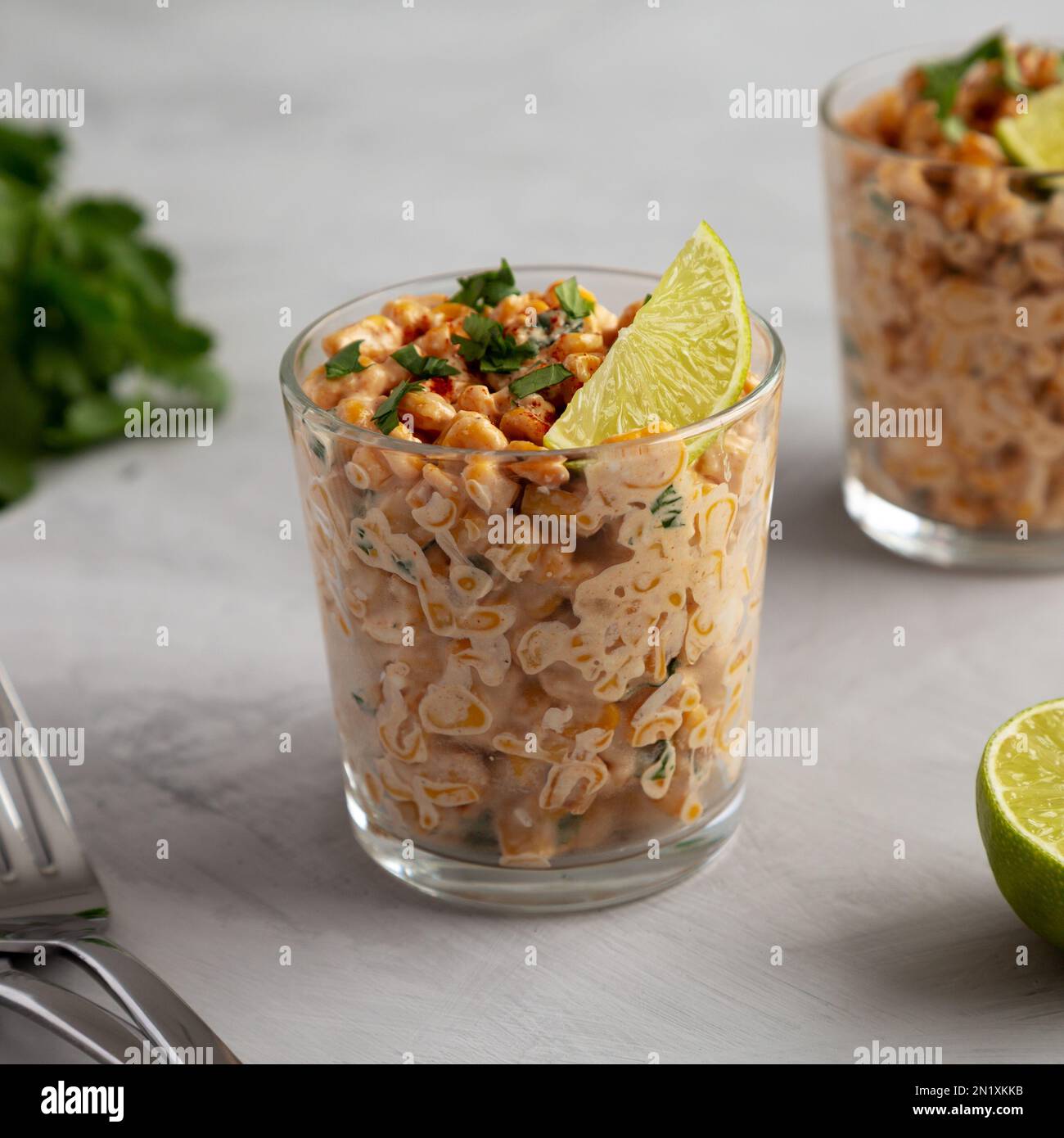 Homemade Mexican Corn Elote Esquites in Cups, side view. Close-up Stock ...