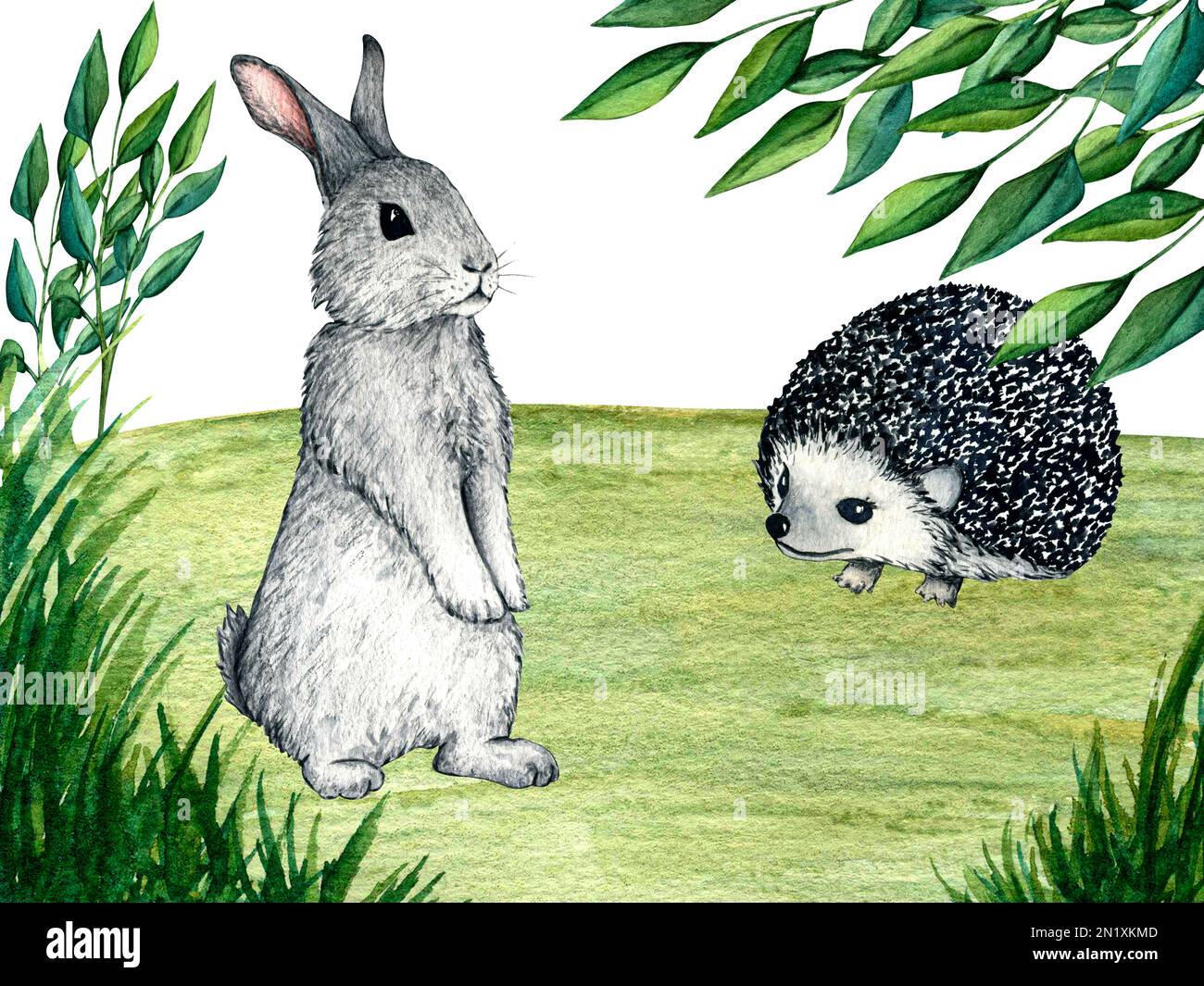 Watercolor wild forest animals: hare, rabbit, hedgehog on forest lawn ...