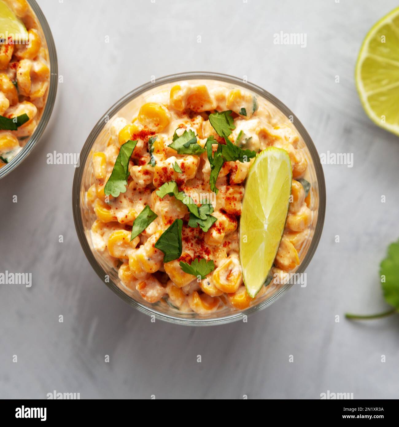 Homemade Mexican Corn Elote Esquites in Cups, top view. Flat lay ...