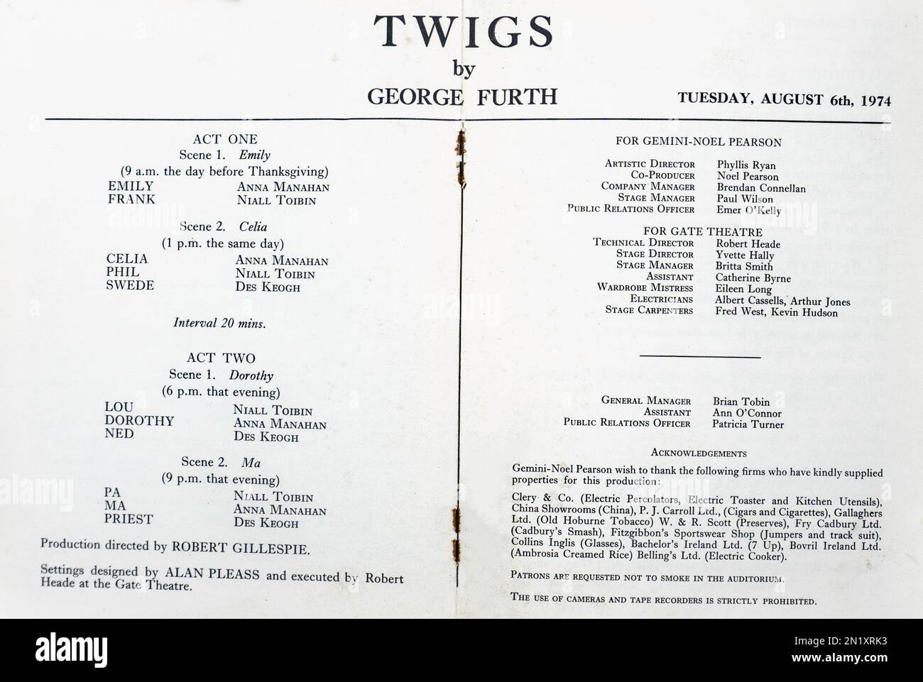 The cast list for the 1974 production of Twigs, by George Furth, in the ...