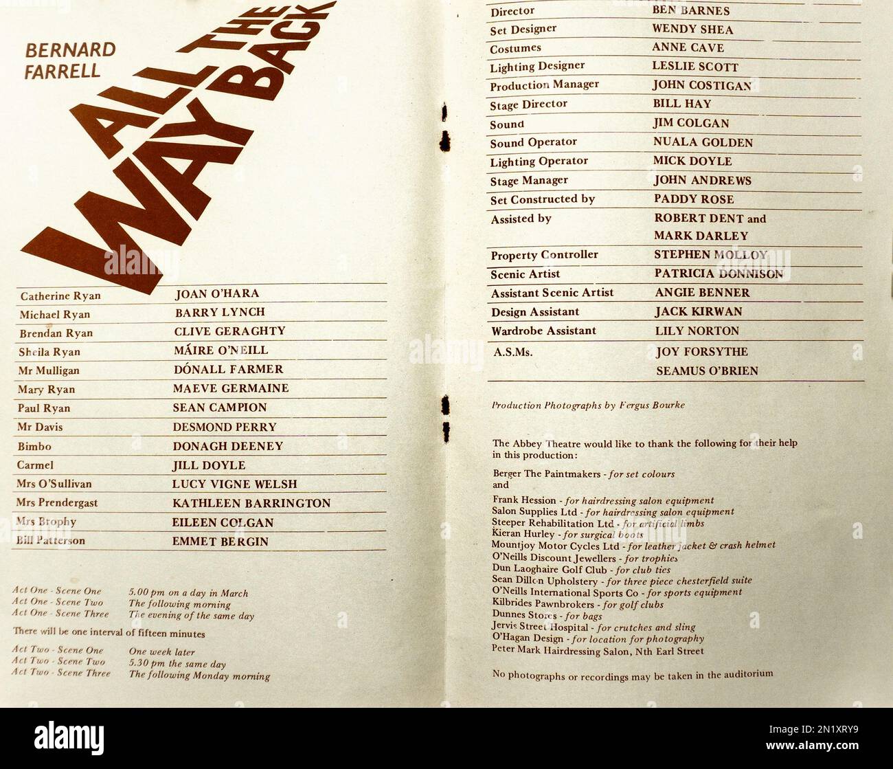 The cast list for the 1985 production of All The way Back, by Bernard ...