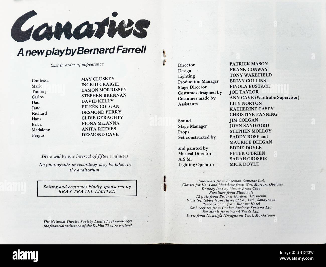 The cast list for the 1980 production of Canaries, by Bernard Farrell ...