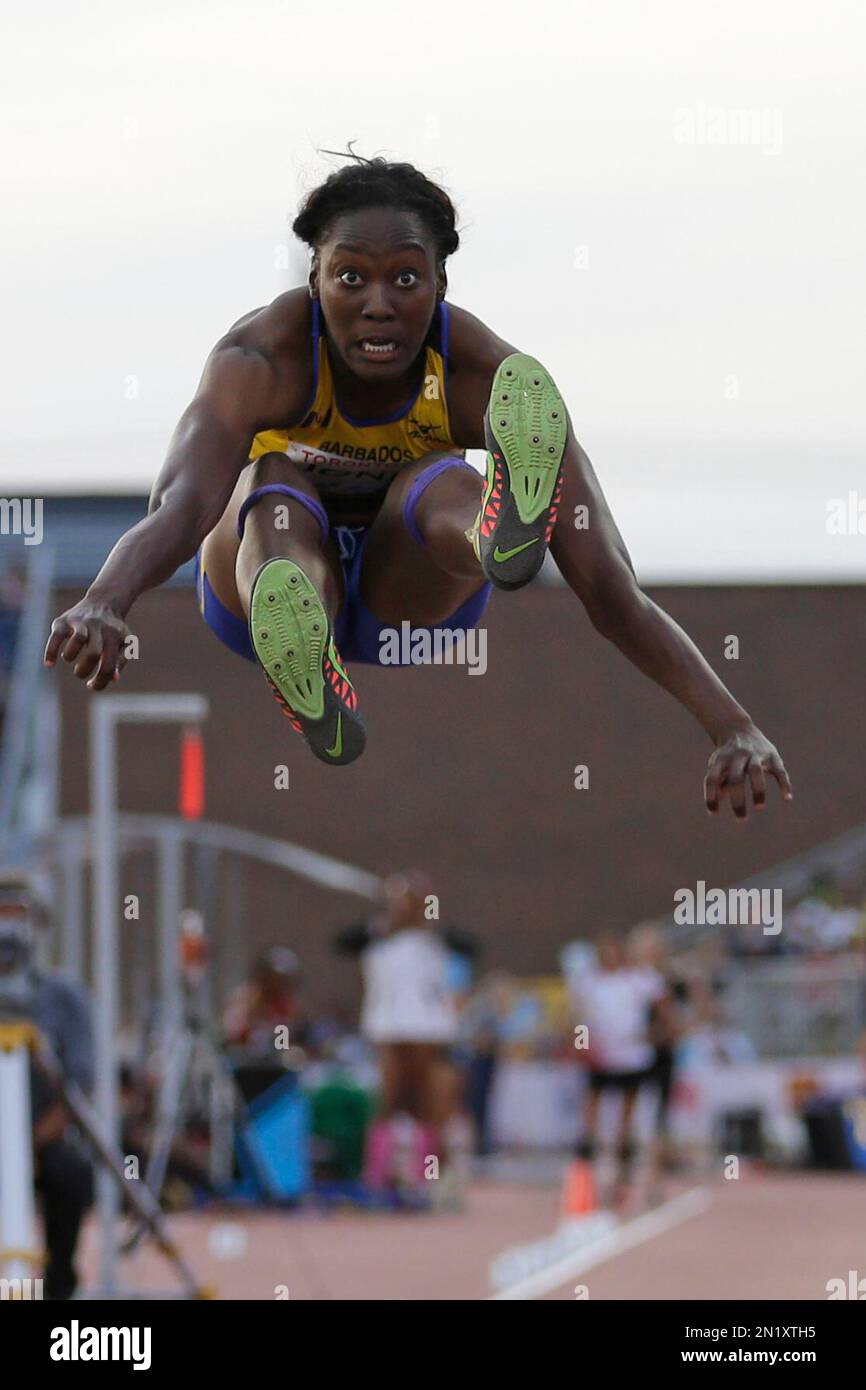 Barbados' Akela Jones competes in the women's long jump final during ...
