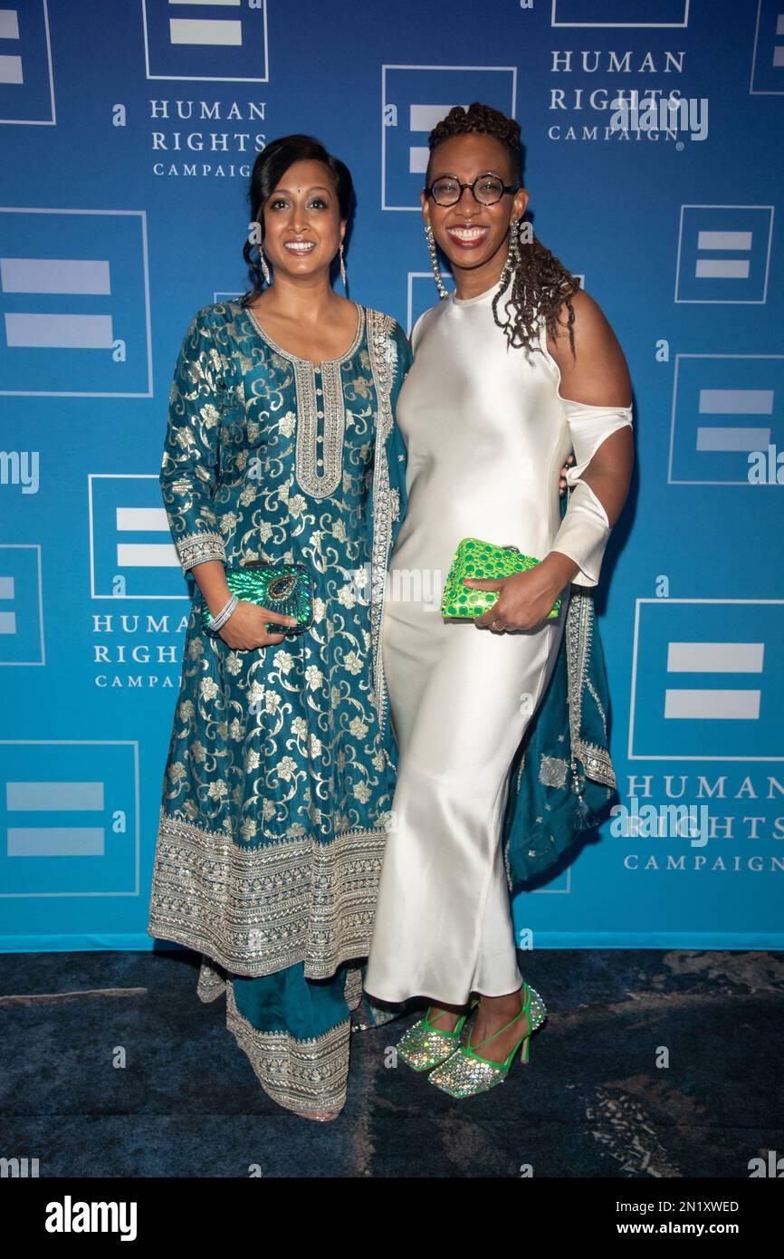 Kelley Robinson (R) and Becky George attend Human Rights Campaign 2023 ...