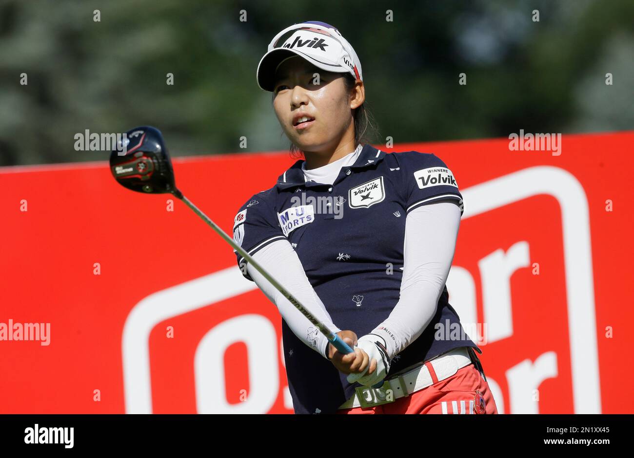 Mi Hyang Lee of South Korea watches her drive on the 18th hole during ...