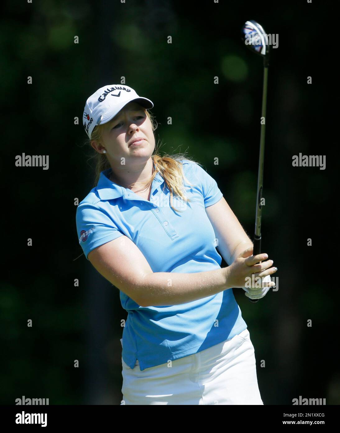 Stephanie Meadow watches her drive on the sixth hole during the second ...