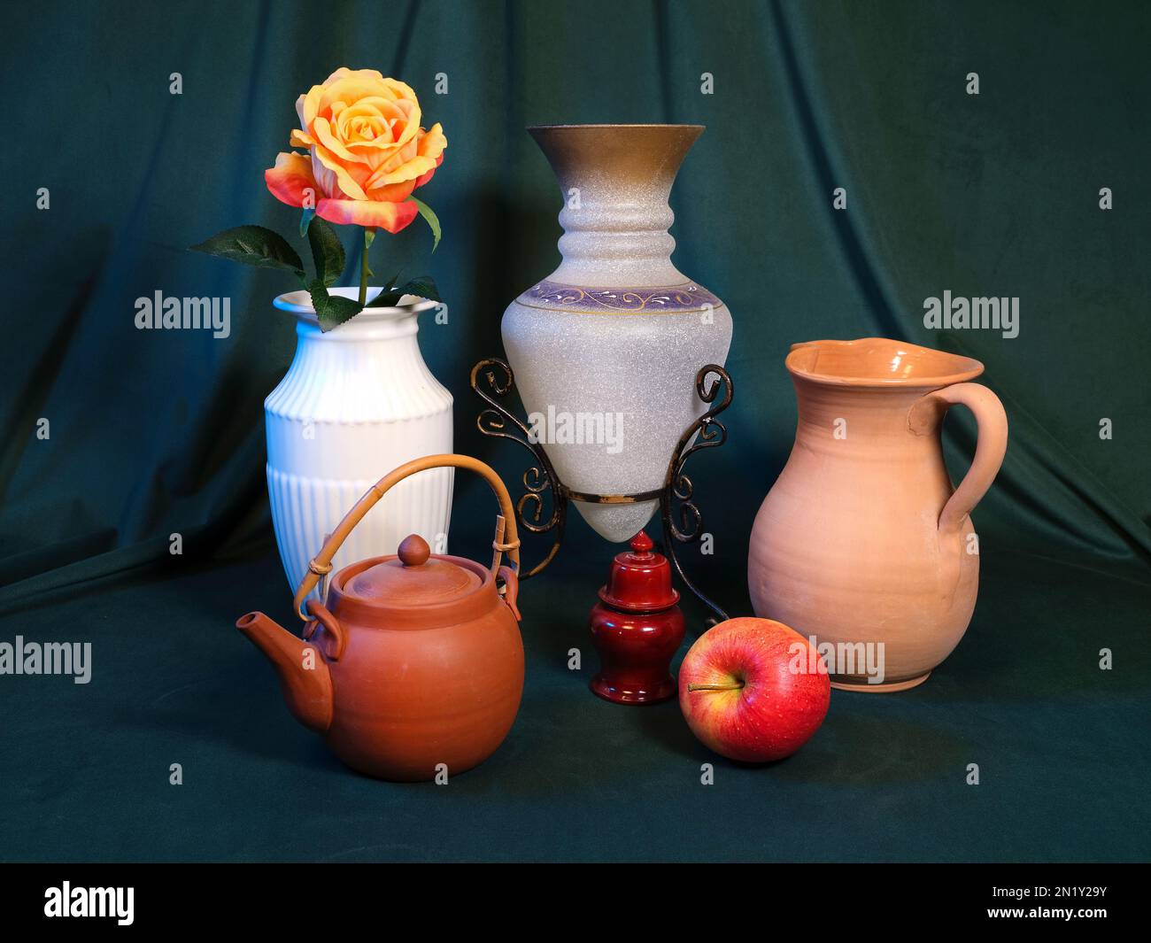 Still Life with objects and vases in terracotta, clay, stained glass ...