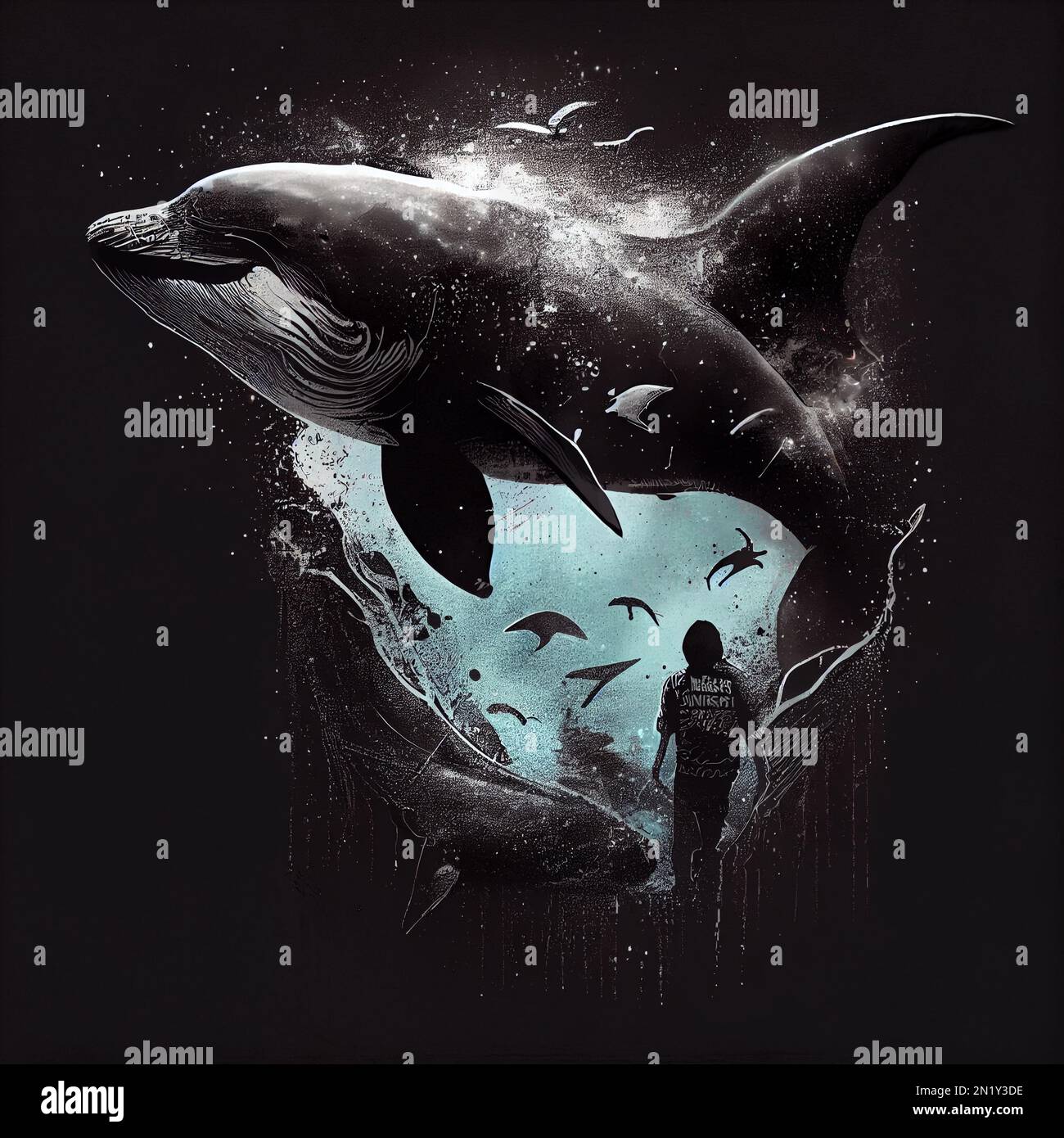 Ocean galaxy magic ink art illustration. Fantasy whale universe with ...