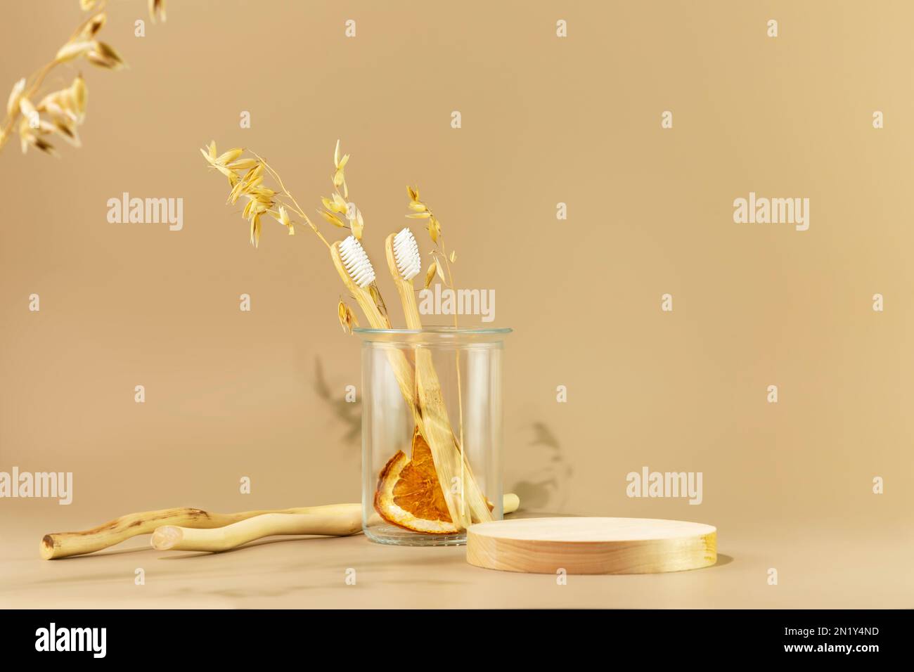 Empty podium for montage of organic oral care products. Eco friendly ...