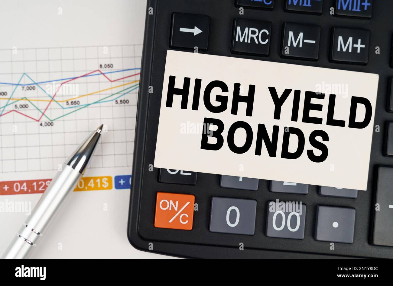 Business concept. On the business chart lies a pen, a calculator and a ...